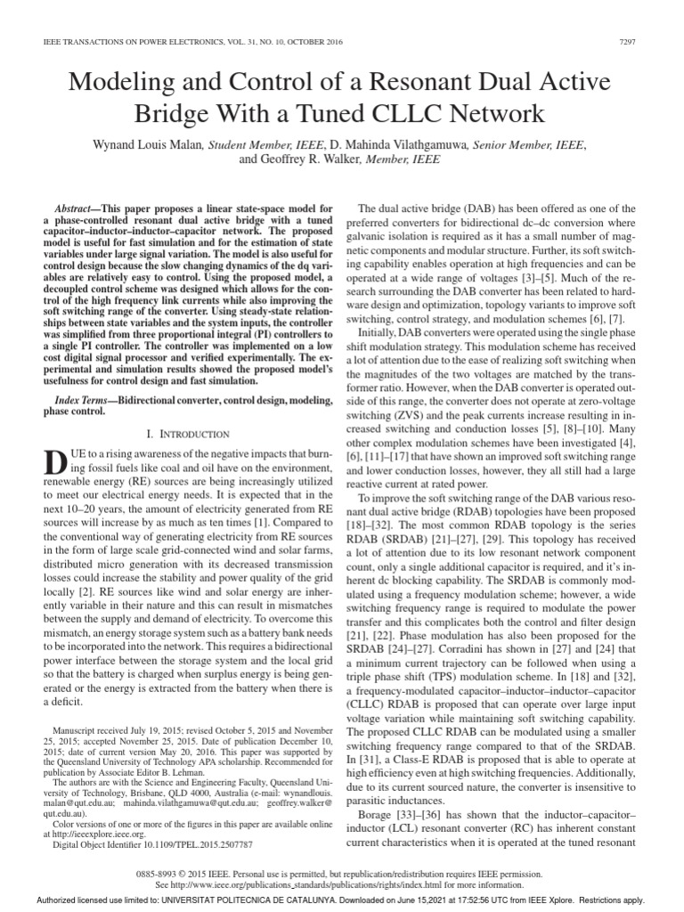 Modeling and Control of A Resonant Dual Active Bridge With A Tuned CLLC Network | PDF