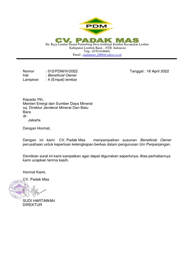 Susunan Beneficial Owner CV. Padak Mas | PDF