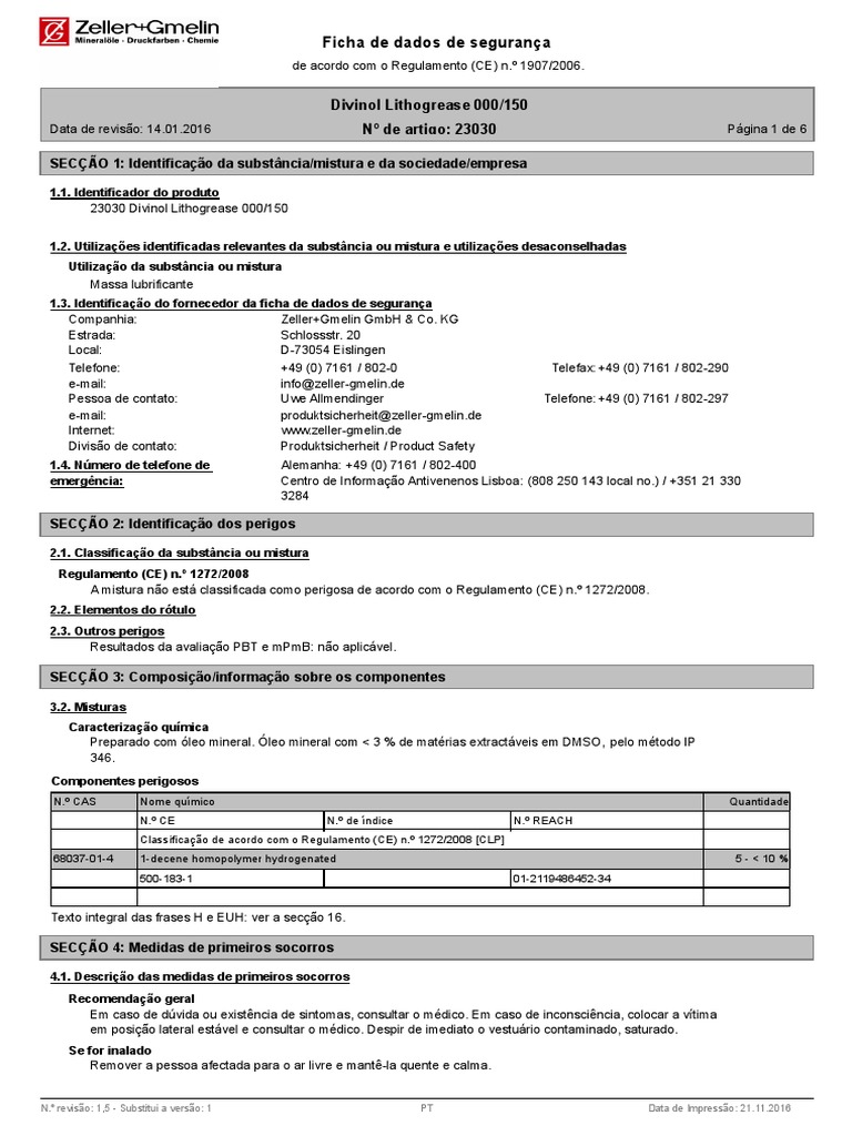 Divinol Lithogrease 000150 | PDF | Desperdício | Embalagem e rotulagem