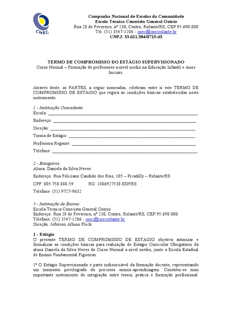 Termo de Compromisso Do Estágio Supervisionado | PDF