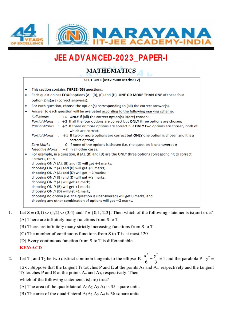 Narayana Jee-Advanced-2023-Paper-I-Qp-Key | PDF