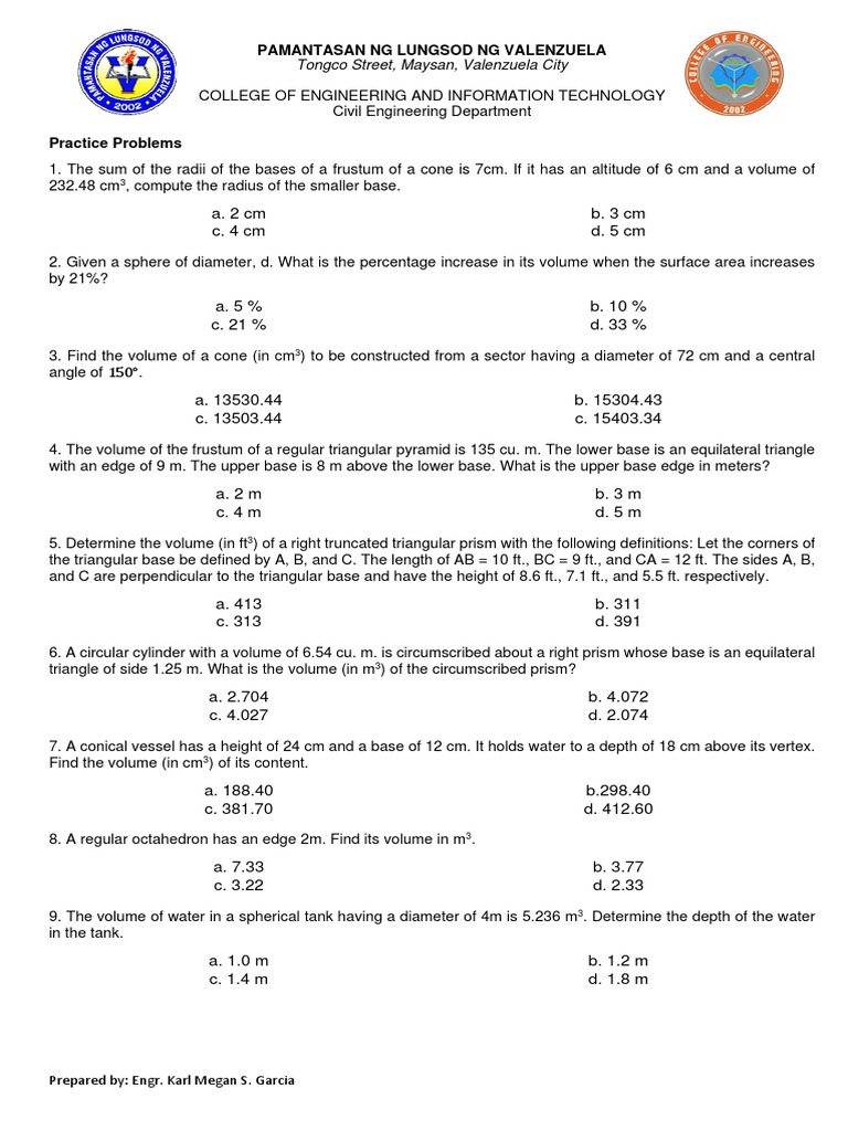 Solid Mensuration Practice Problems 2 | PDF