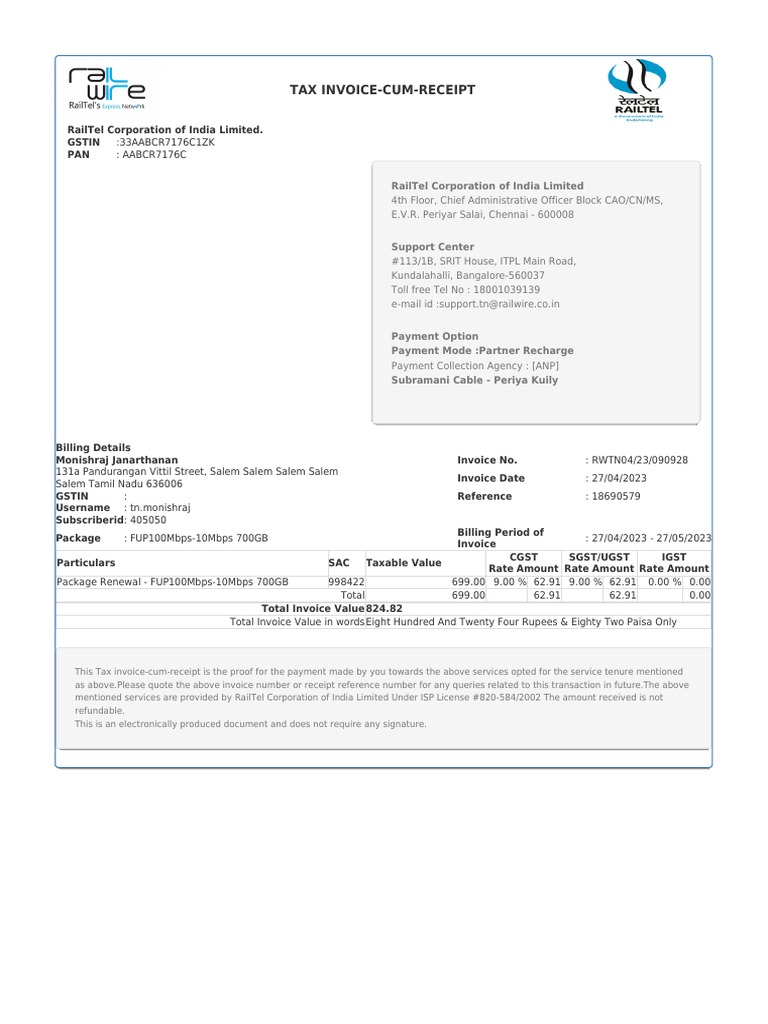 Railwire Subscriber Invoice | PDF