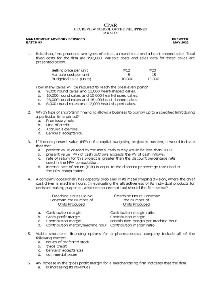 Management Advisory Services Preweek Batch 93 MAY 2023: Cpa Review School of The Philippines | PDF