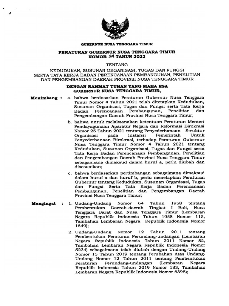 Pergub Ntt Nomor 24 Tahun 2022 - Bappelitbangda | PDF