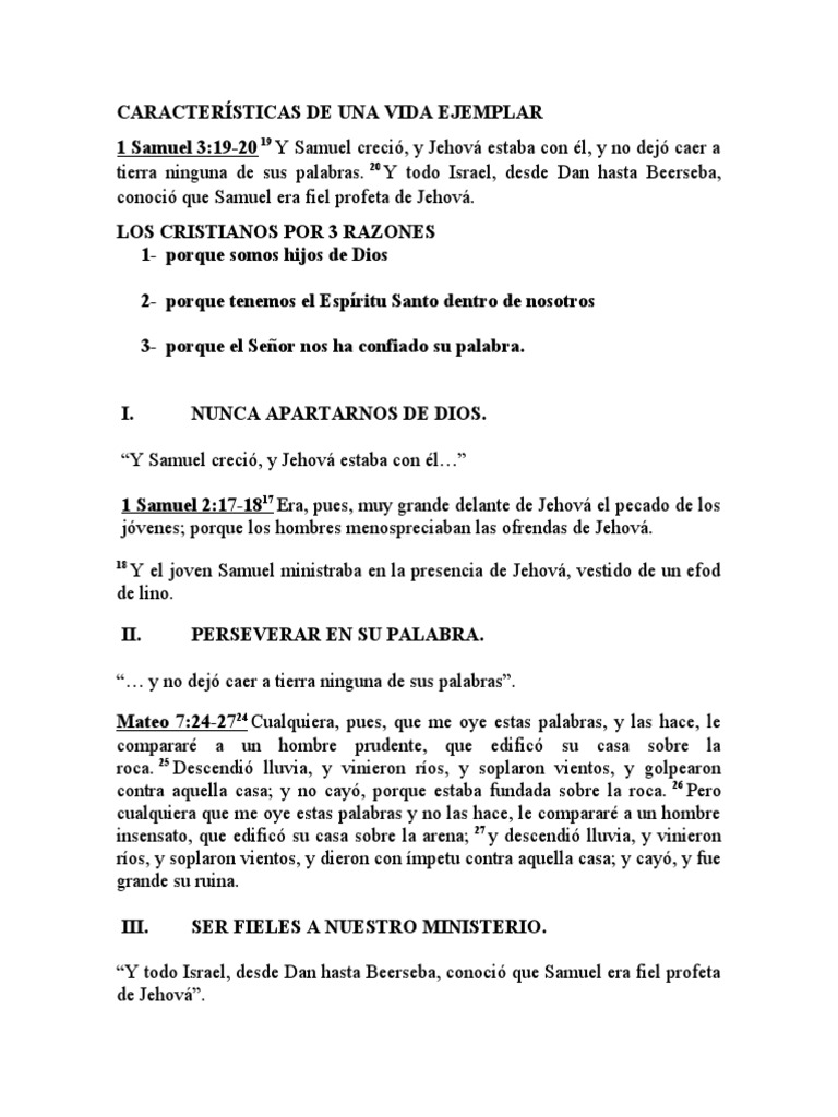 Bosquejo CARACTERÍSTICAS DE UNA VIDA EJEMPLAR | PDF