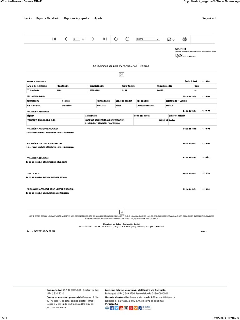 Afiliacion Persona - Consulta RUAF | PDF | Pensión