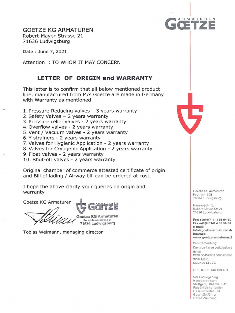 Goetze Letter of Origin and Warrant1 | PDF
