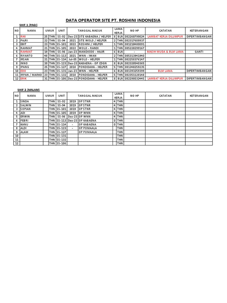 Data Operator Pt. Roshini Indonesia | PDF
