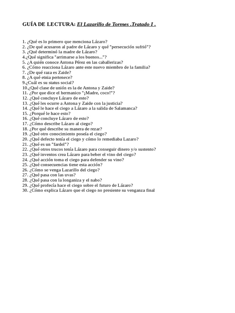 Guía de Lectura Lazarillo de Tormes | PDF