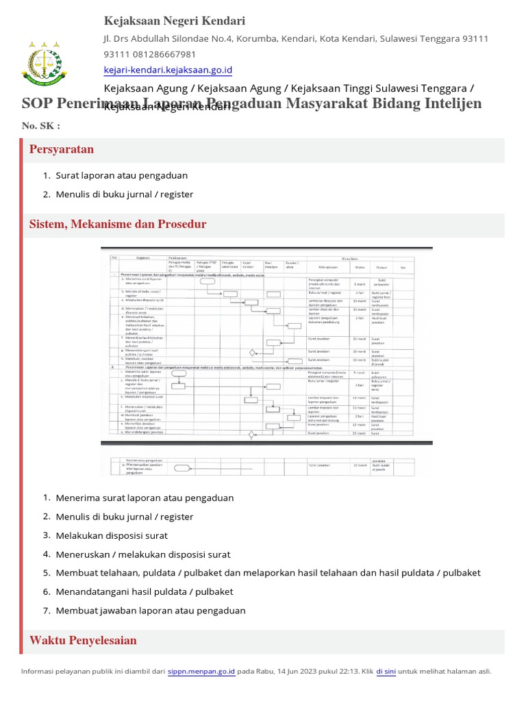 Unduh Standar Pelayanan - SOP Penerimaan Laporan Pengaduan Masyarakat Bidang Intelijen | PDF