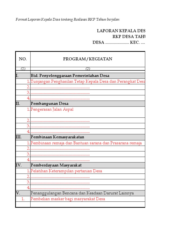 Contoh Format Laporan Kades RKP Desa Tahun Berjalan | PDF | Griya & Taman
