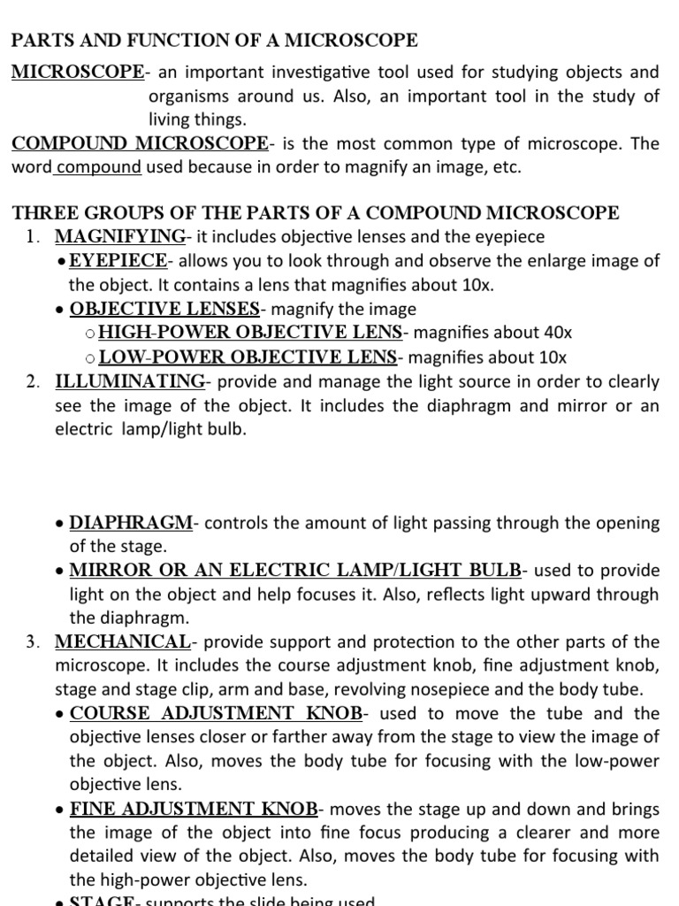 Parts and Function of A Microscope - Lesson1 | PDF