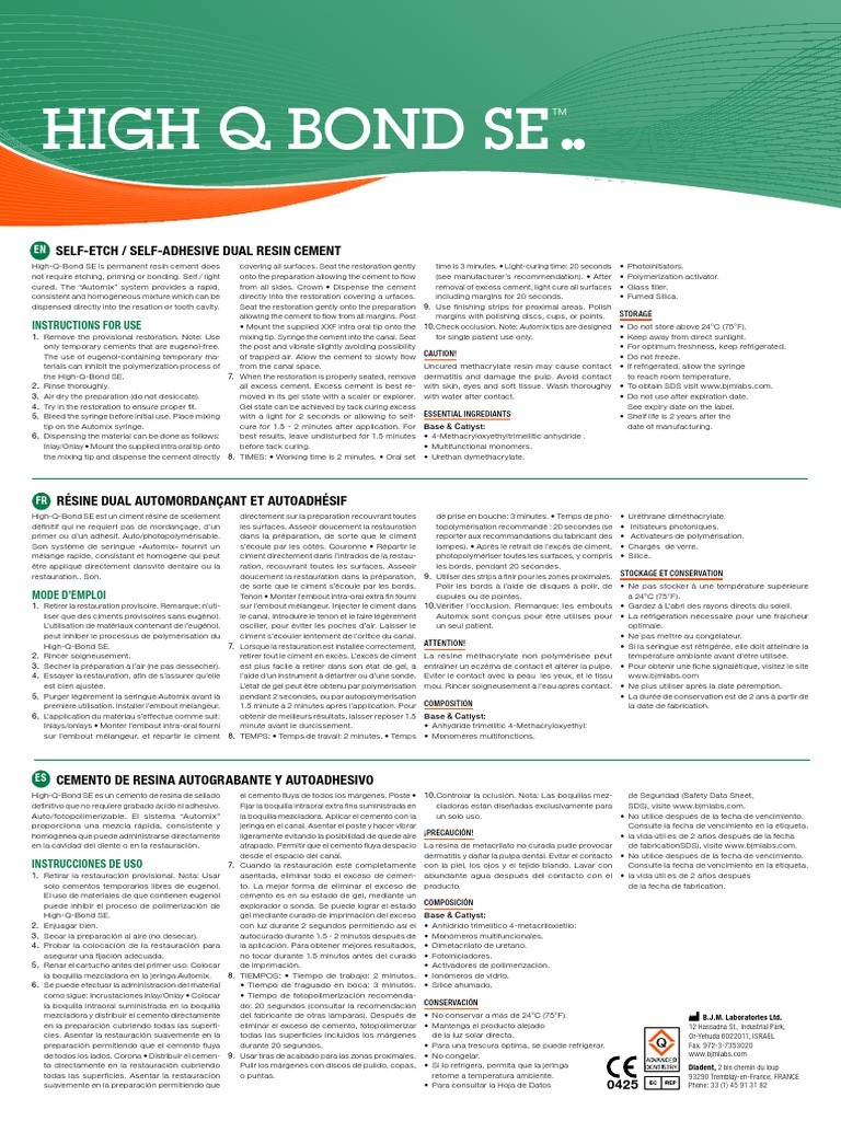 Instrucciones de Uso de High Q Bond Se BJM Laboratories | PDF | Cement ...