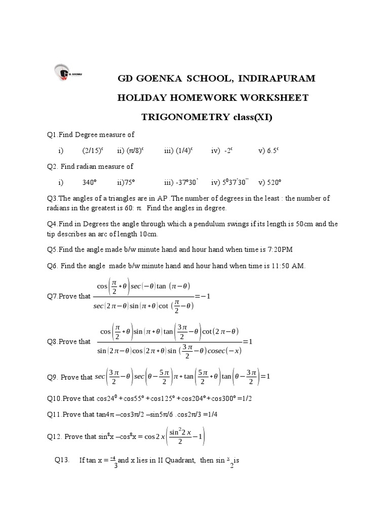 Trigonometry Worksheet Class11nandish | PDF | Angle | Elementary Geometry