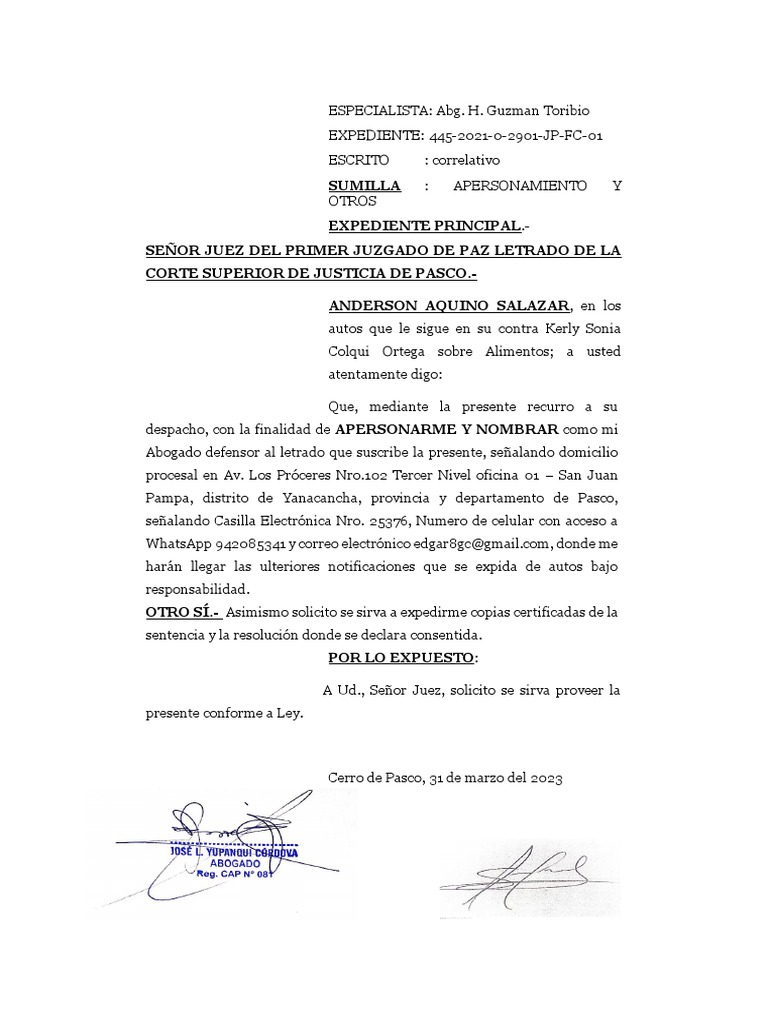 APERSONAMIENTO Y SOLICITO COPIAS CERTIFICADAS - AQUINO SALAZAR Anderson ...