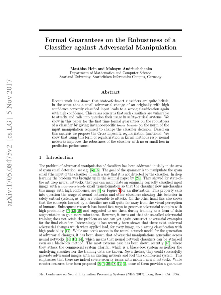 (2017) Formal Guarantees On The Robustness of A Classifier Against Adversarial Manipulation ...