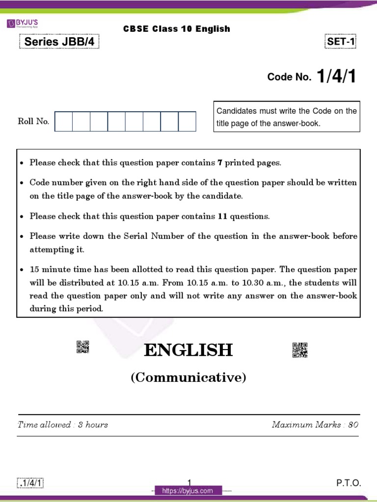 CBSE Class 10 English Communicative Previous Year Question Paper 2020 ...