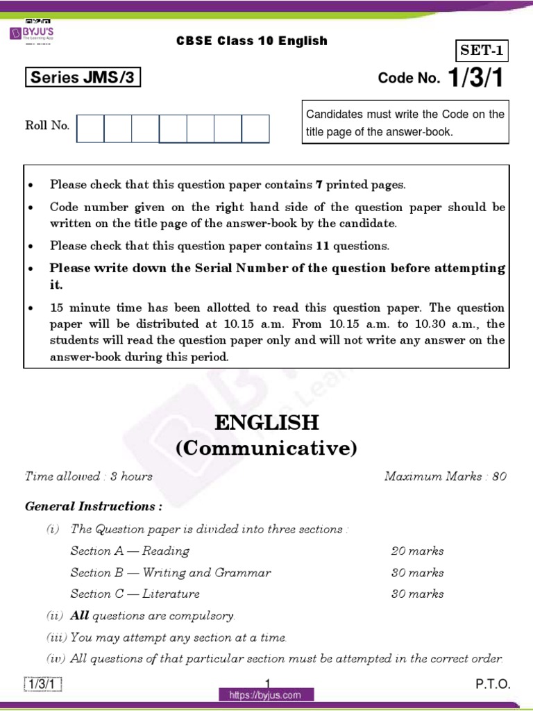 CBSE Class 10 English Communicative Previous Year Question Paper 2019 ...