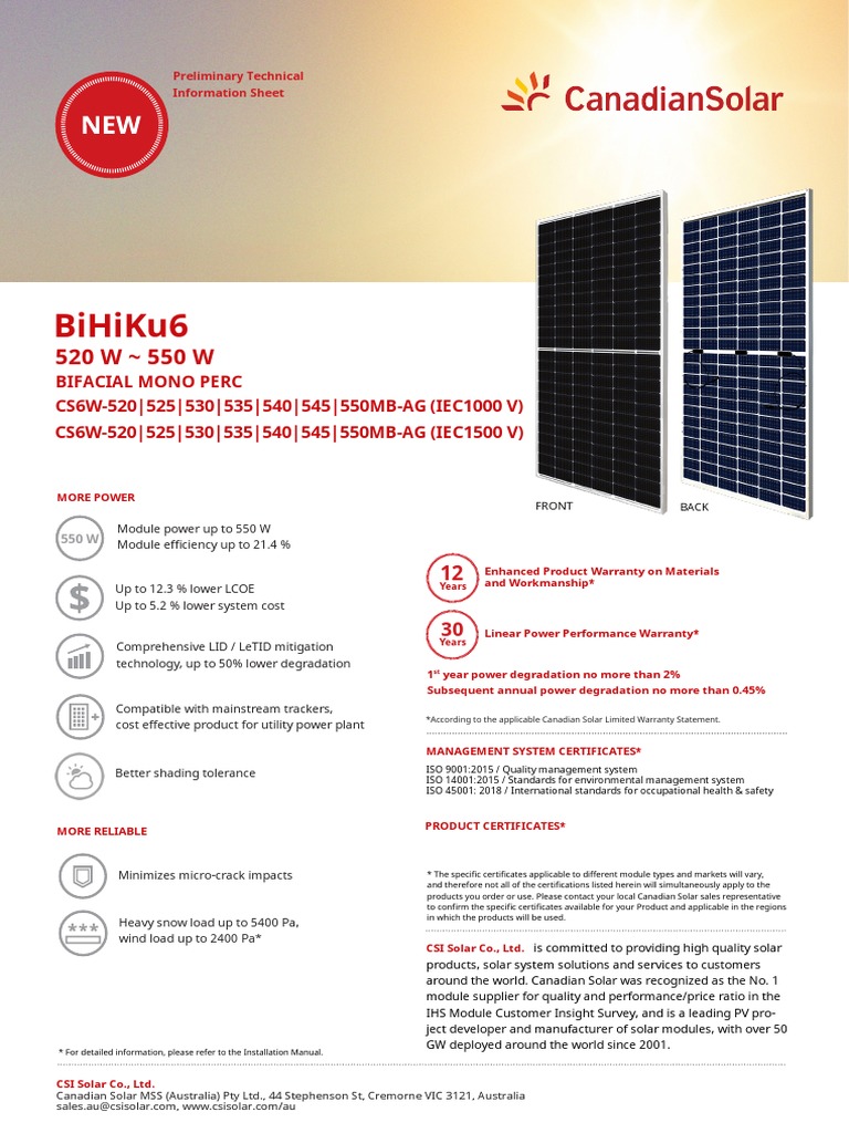 Canadian Solar Datasheet CS6W MB AG 520 550 V1.0C3 AU | PDF ...