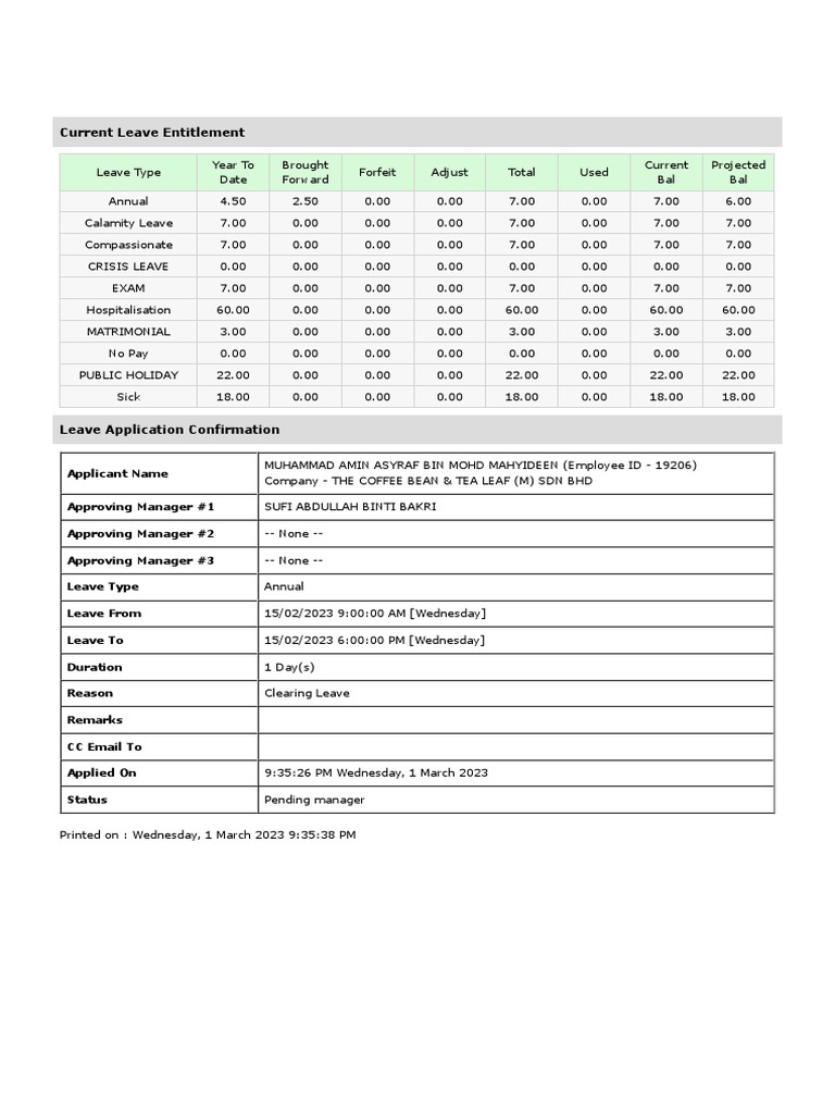 Leave Form Printout PDF | PDF