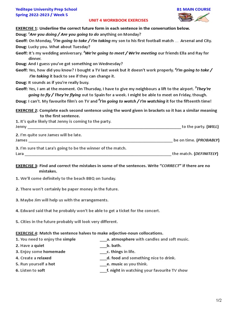Workbook Exercises Unit 4_B1 MC 2022-23 Spring | PDF