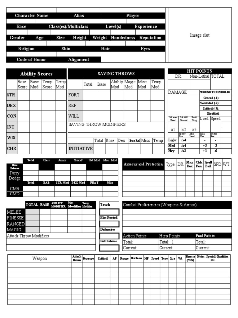 Character One Page Pathfinder - Homebrew | PDF