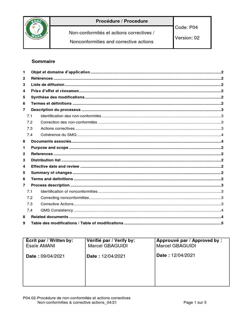 Code: P04 Non-Conformités Et Actions Correctives / Nonconformities and Corrective Actions | PDF