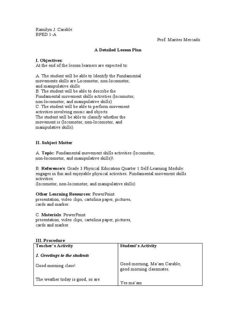 Detailed Lesson Plan Pe | PDF | Lesson Plan | Teachers