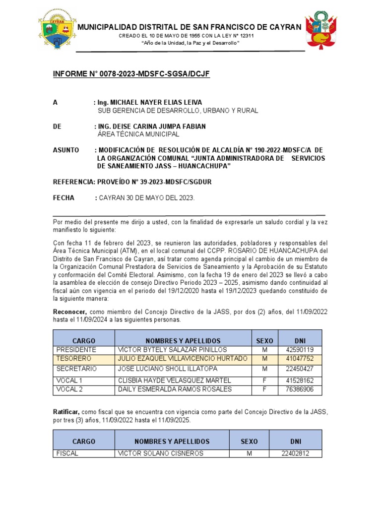 Informe de 0078-2023 Reconocimiento Del Jass | PDF | Gobierno