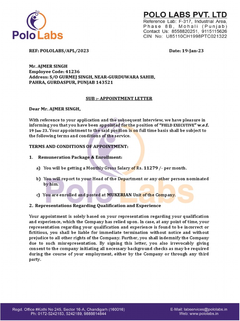 Appointment Letter - Mr. Ajmer Singh (41236) | PDF | Employment ...