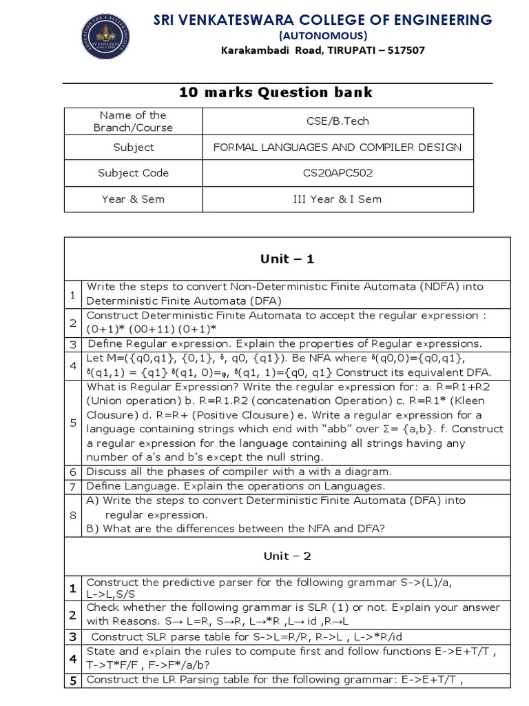 10 M FL& CD Question Bank | PDF | Parsing | Mathematical Logic