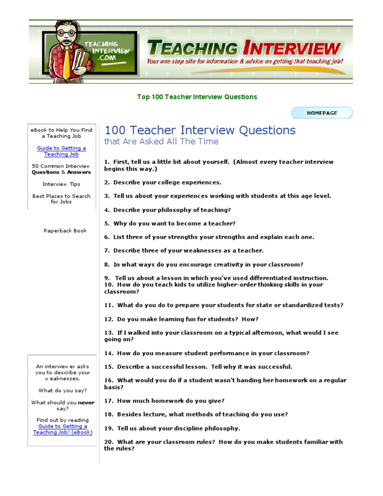 100 Teacher Interview Questions | PDF