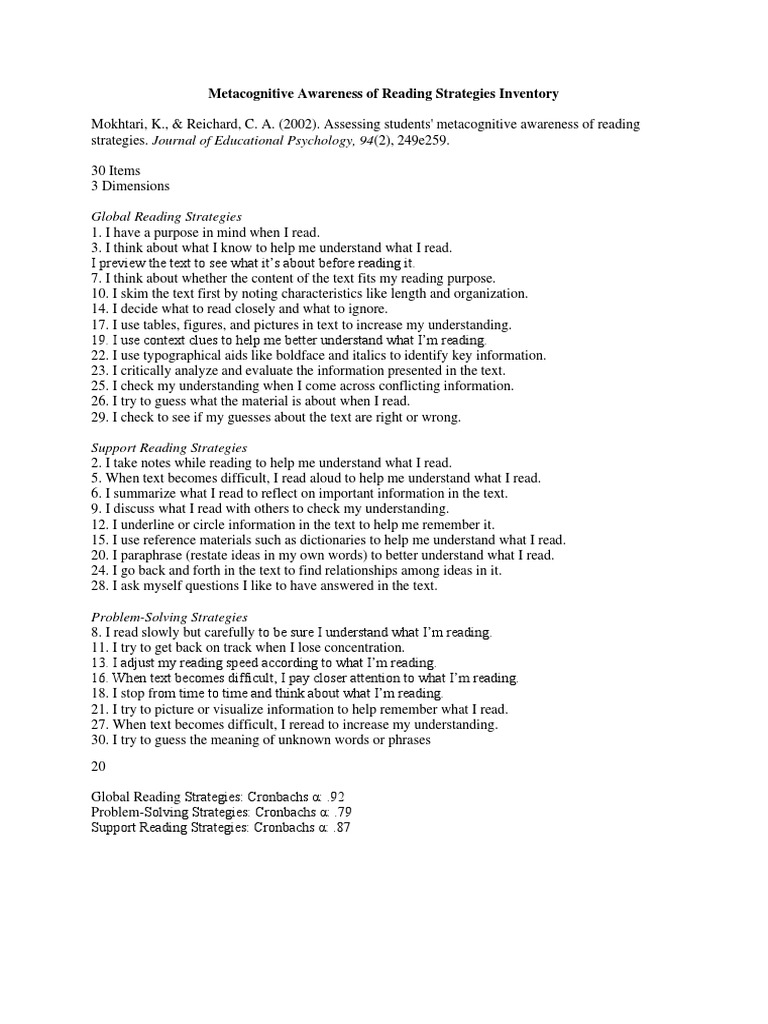 R9 Metacognitive Awareness Of Reading Strategies Inventory Pdf