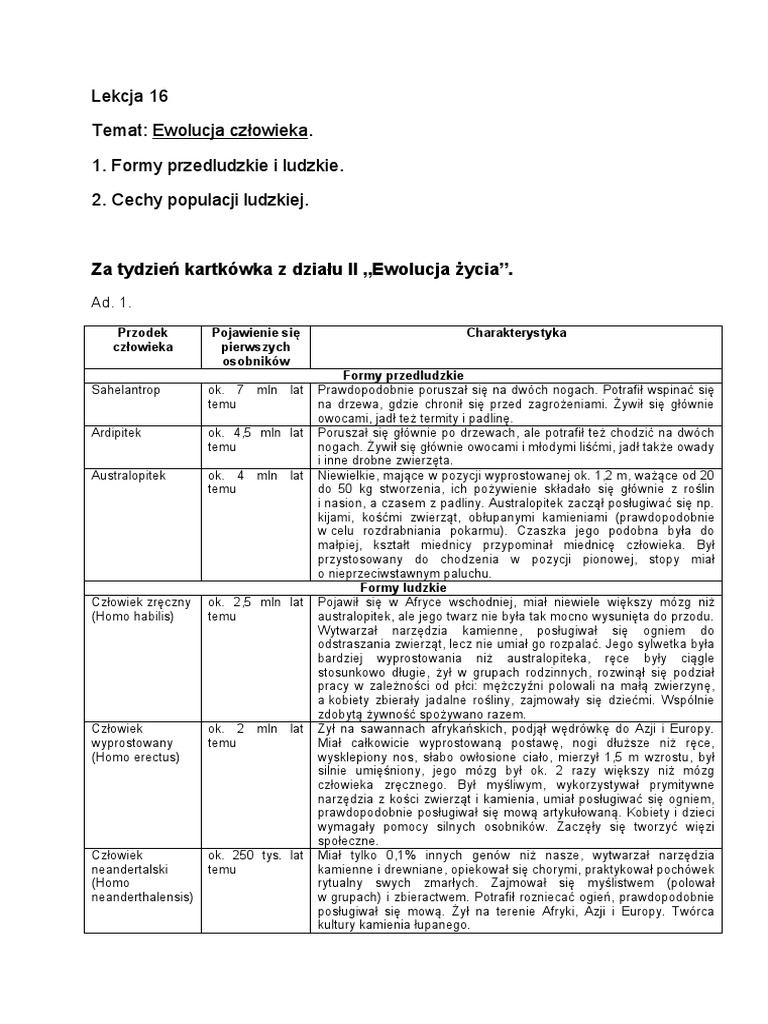 Lekcja 16 Ewolucja Człowieka | PDF