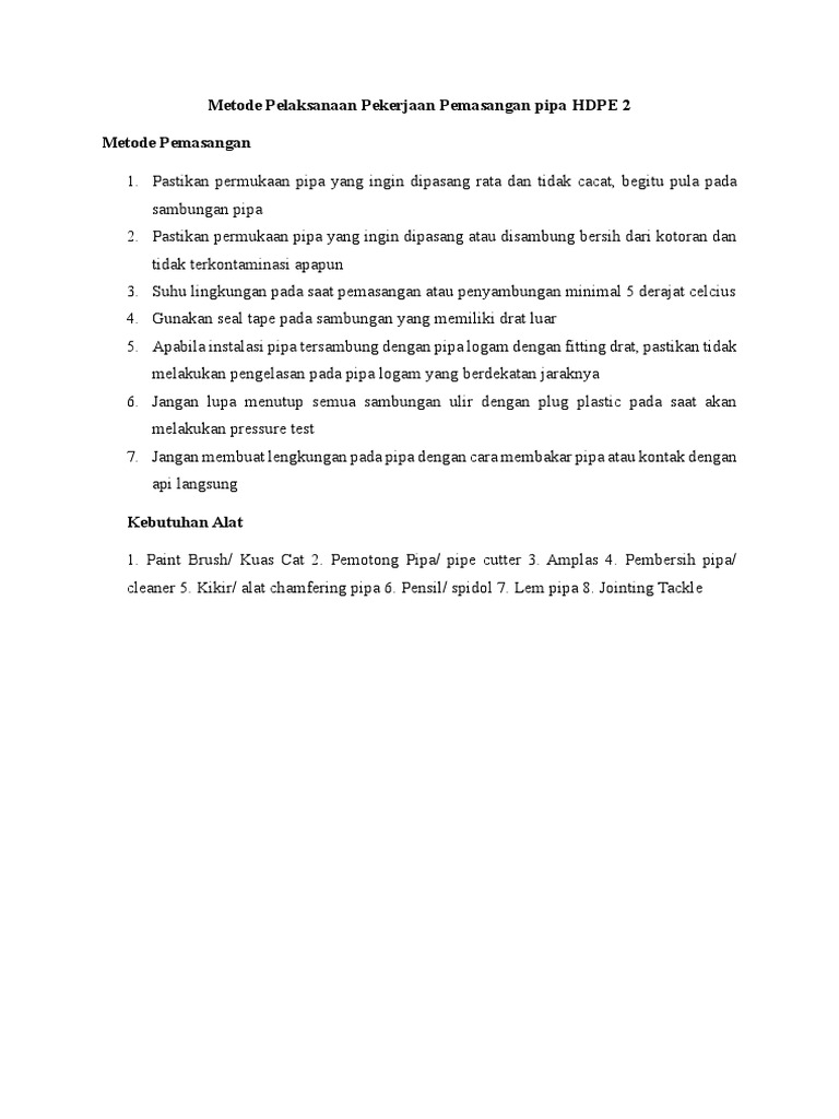 Metode Pelaksanaan Pekerjaan Pemasangan Pipa HDPE 2 | PDF