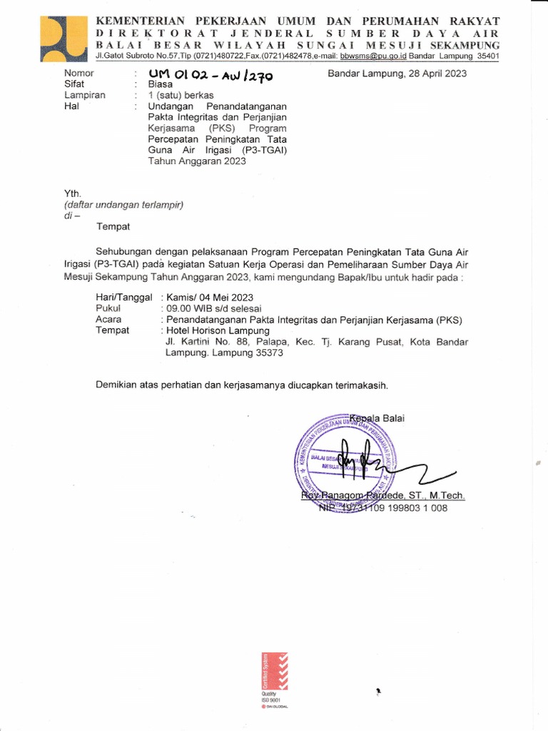 Undngan Penandatanganan Pakta Integritas Dan Perjanjian Kerja Sama P3TGAI | PDF
