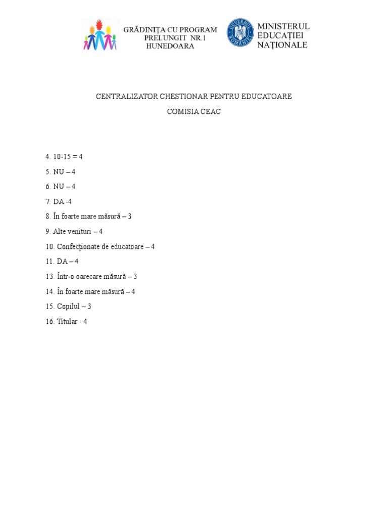 CENTRALIZATOR CHESTIONAR PENTRU EDUCATOARE | PDF