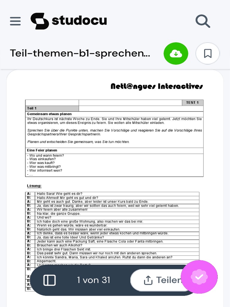 Teil-Themen-B1-Sprechen PDF - 6' ' 7' O 061 453 97 TEST 1 Teil 1 ...