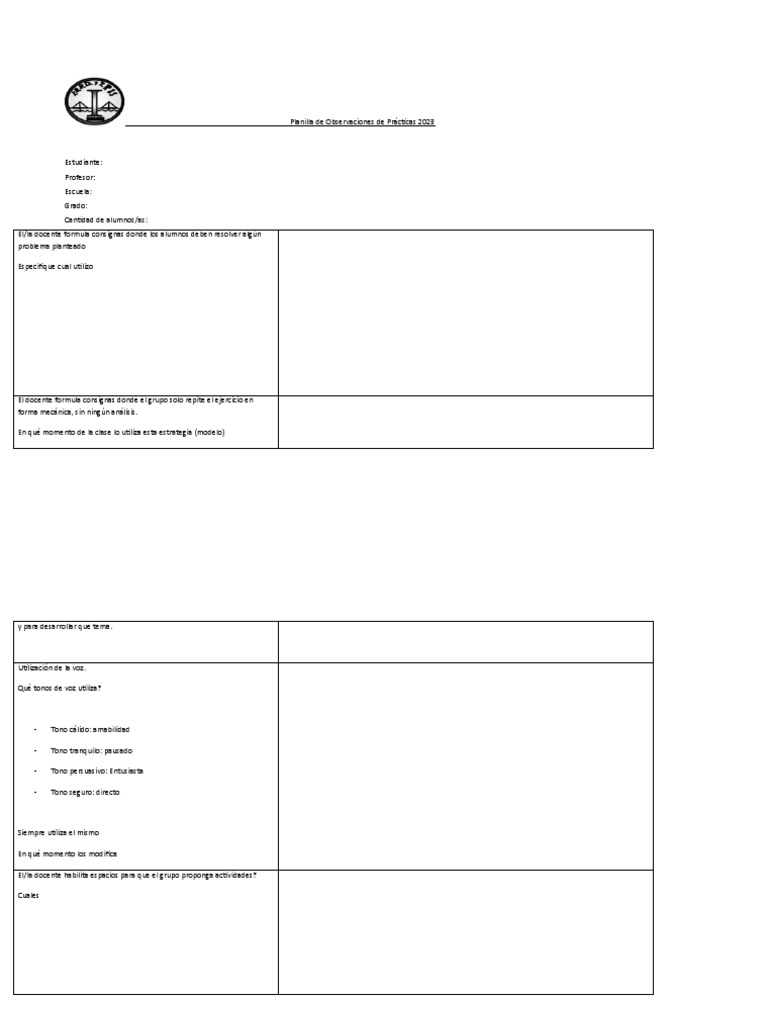 Planilla de observaciones de prácticas 2023 | PDF