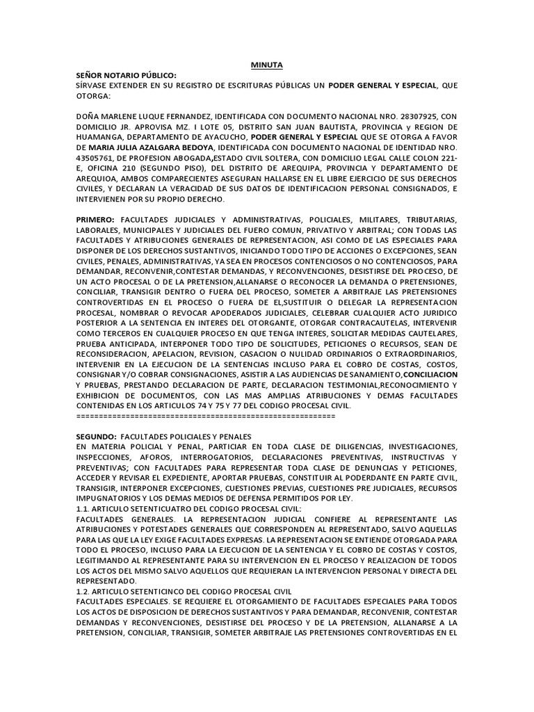 Minuta Poder General y Especial Marlene Luque Fernandez | PDF | Ley ...