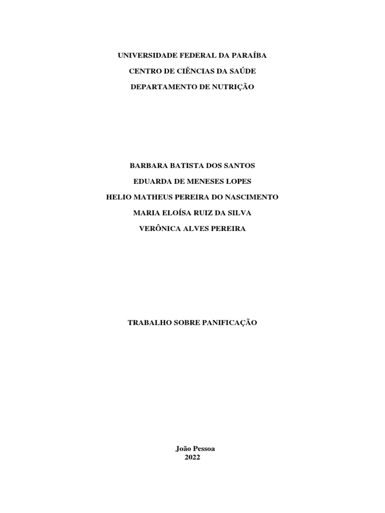 Trabalho de Panificação - Eduarda, Veronica, Helio, Barbara e Eloisa | PDF