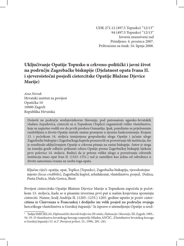 Ana - Novak - Ukljucivanje - Opatije Topusko Rva Polovic 14 St. | PDF