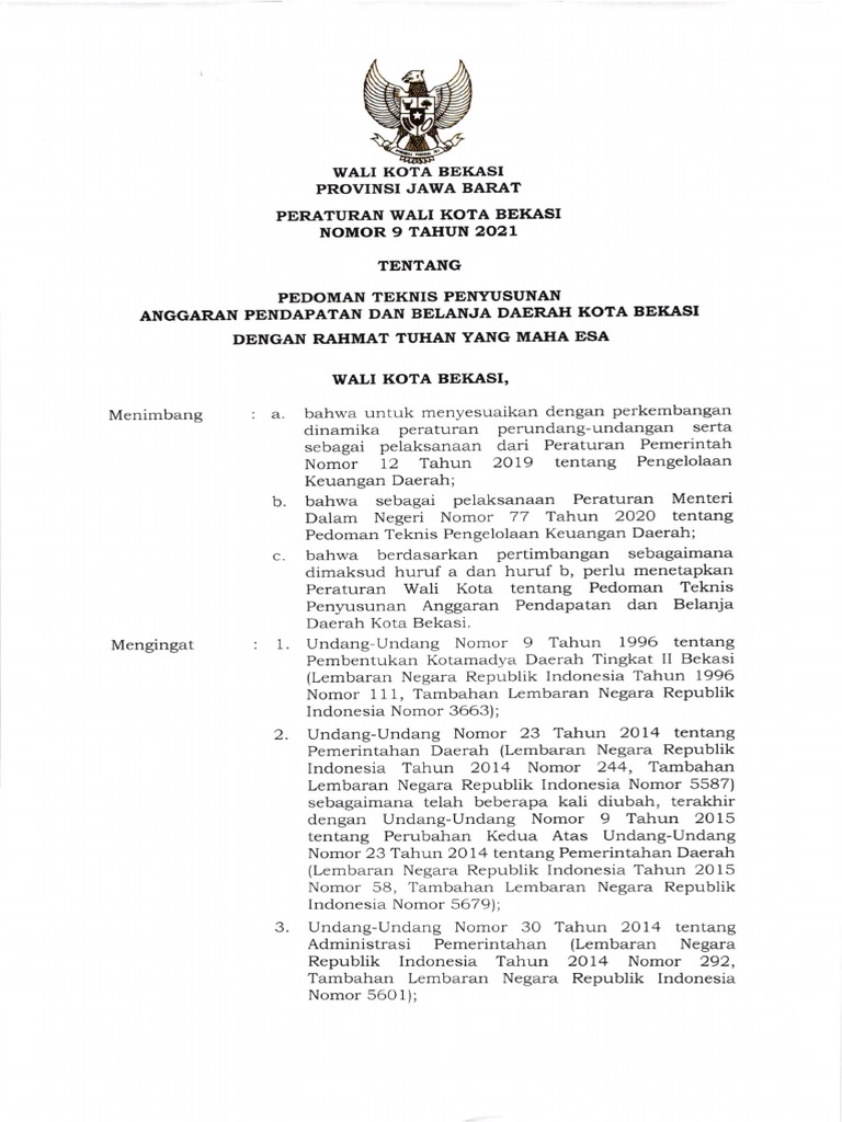 PERWAL NO.9 TAHUN 2021 Tentang Pedoman Teknis Penyusunan Anggaran ...