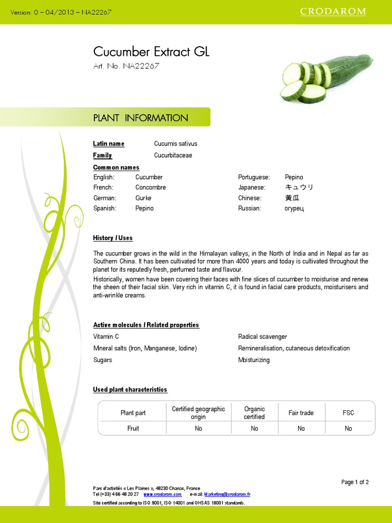 Cucumber Extract GL NA22267 - D 0 EN | PDF