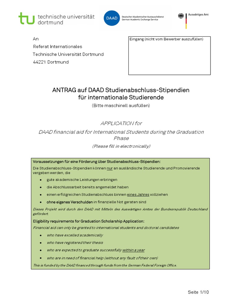 Antrag Application DAAD Studienabschlussstipendium 2023 | PDF