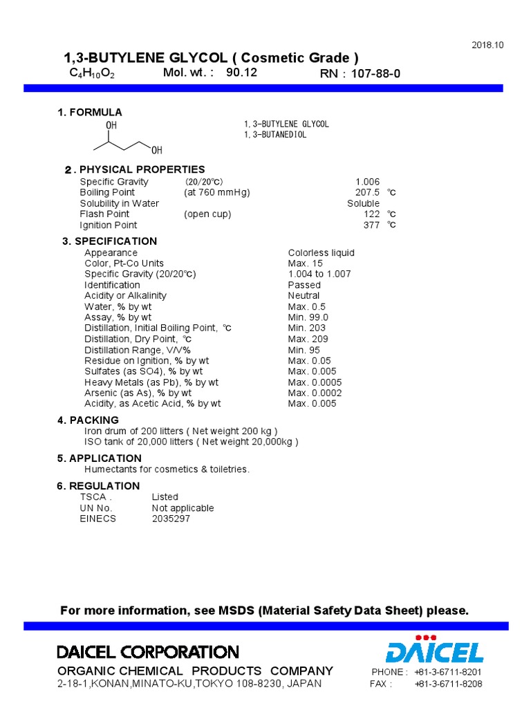 Spec For 13BG Cosmetic Grade (Daicel) Butylene Glycol | PDF