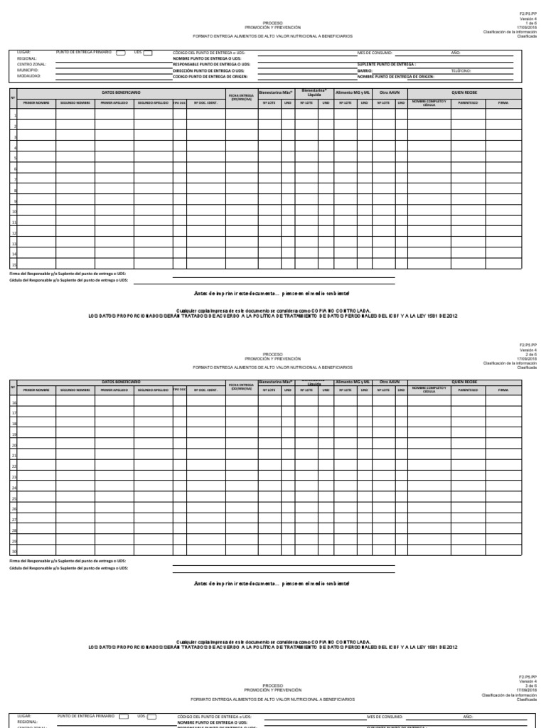 f2.p5.Pp Formato Entrega Alimentos de Alto Valor Nutricional A Beneficiarios v4 | PDF