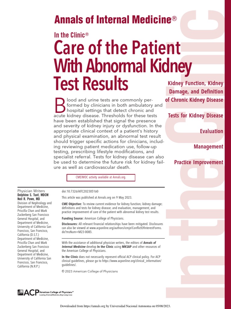 Care_of_the_Patient_With_Abnormal_Kidney_Test_Results_2023_ANNALS | PDF