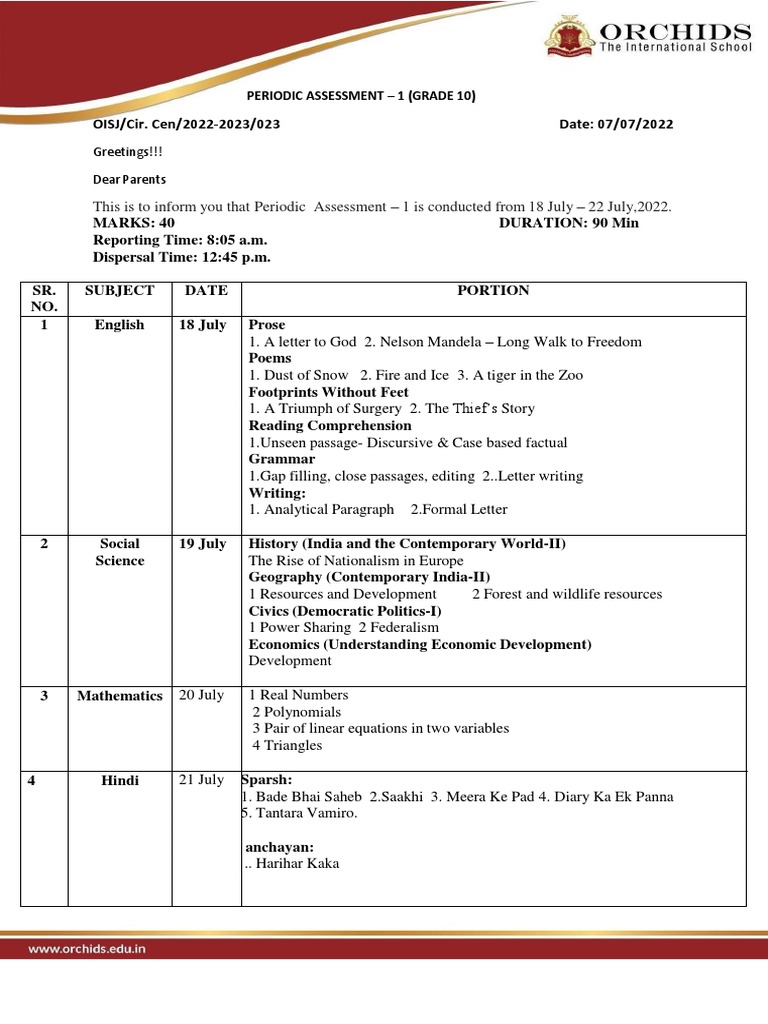 Periodic Assessment - 1 (Grade 10) | PDF
